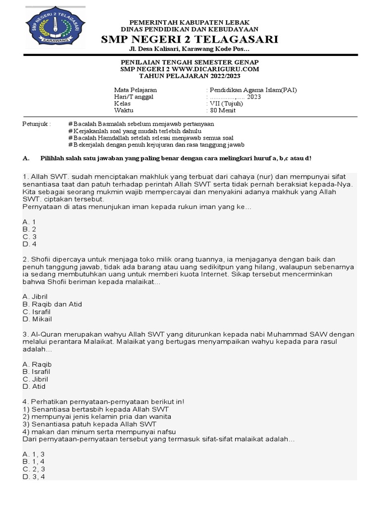 Soal PTS PAI Kelas VII | PDF