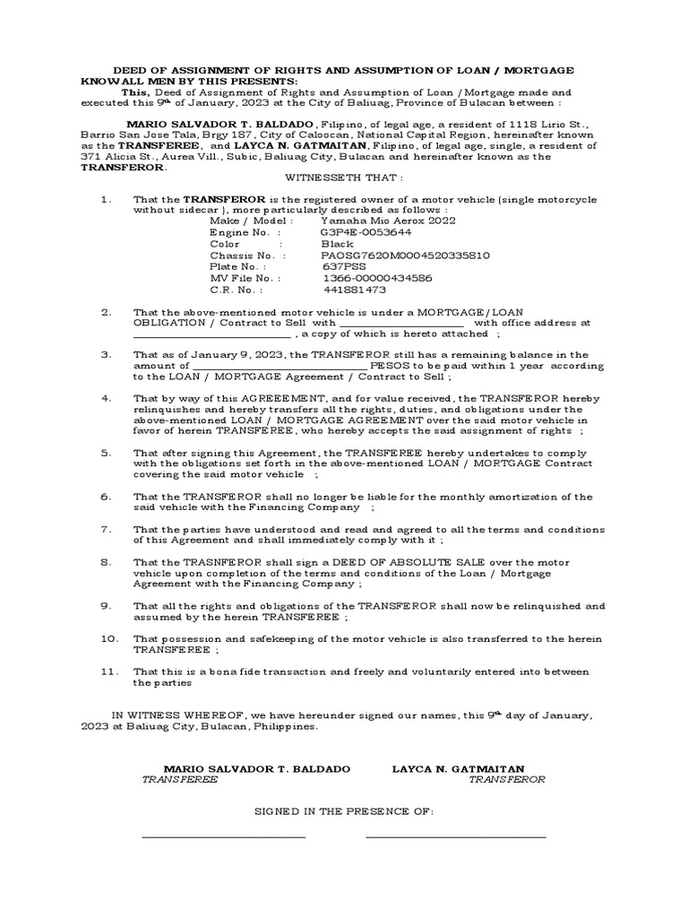 Deed of Assignment of Rights and Assumption of Loan | PDF