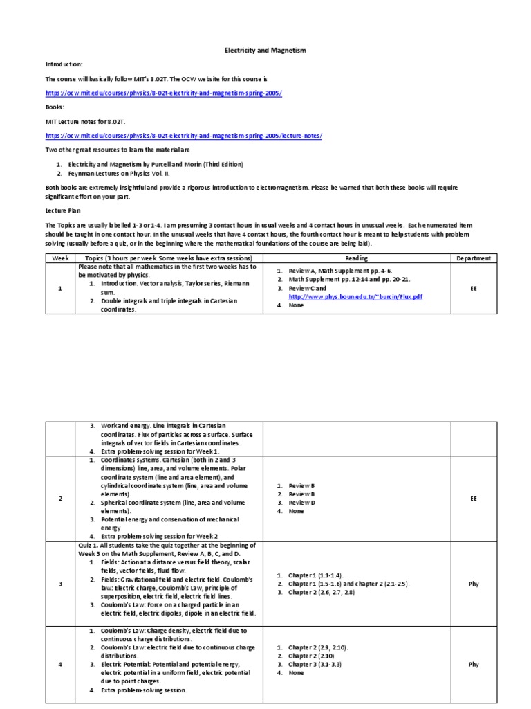 Electricity and Magnetism: Please Note That All Mathematics in The First Two Weeks Has To Be ...