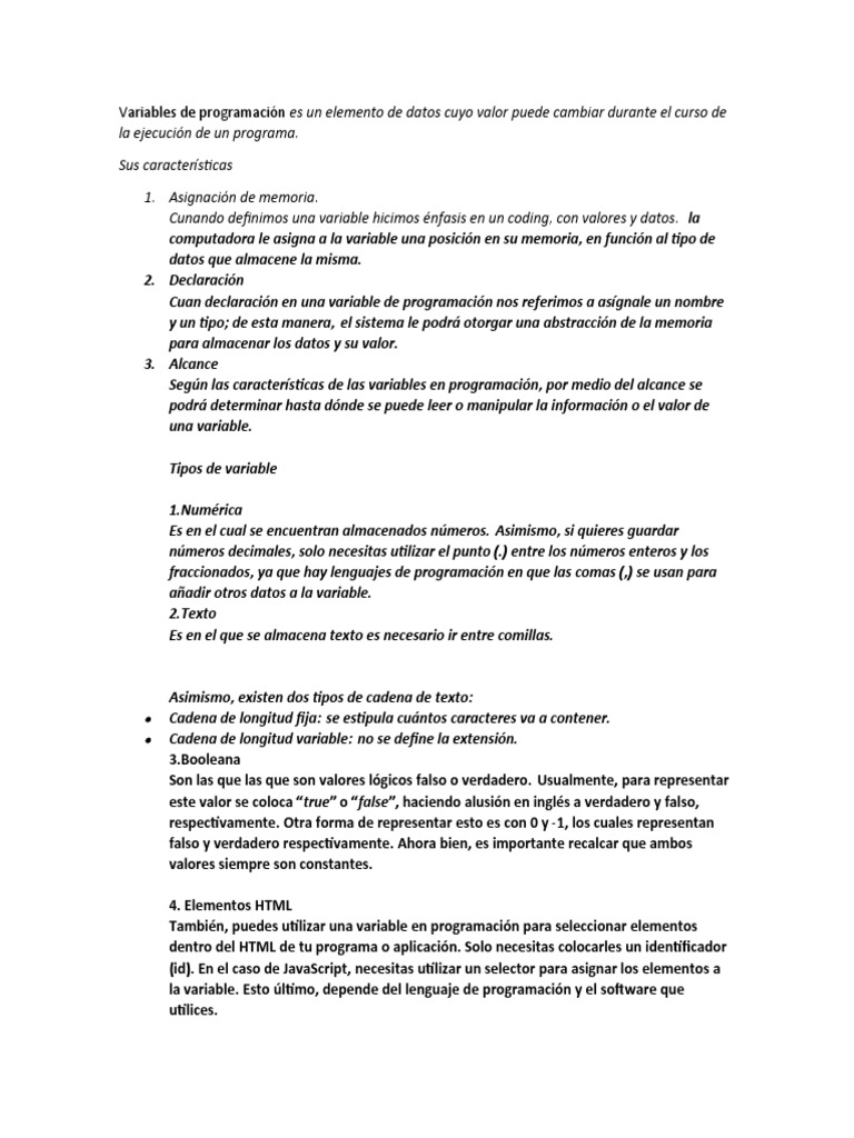 Variables de Programación Es Un Elemento de Datos Cuyo Valor Puede ...