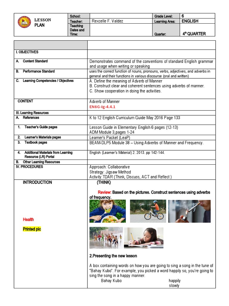 Grade 6 English Lesson Plan: 4th Quarter | PDF | English Language | Adverb