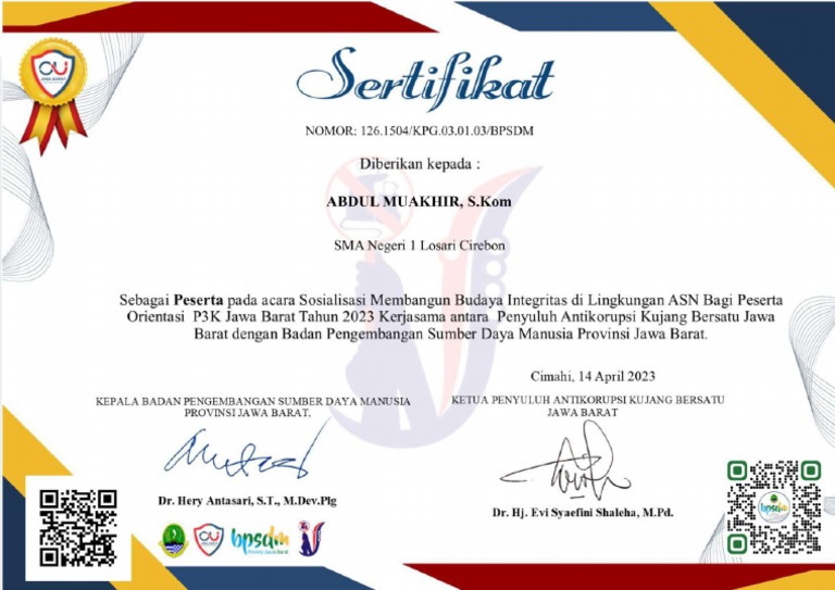 ABDUL MUAKHIR, S. Kom - Sertifikat Sosialisasi PAK KBJB Series 4 | PDF