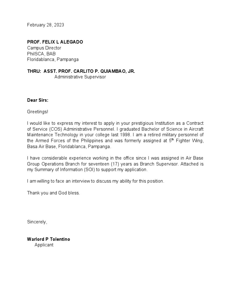 Application for COS Position at PhilSCA | PDF