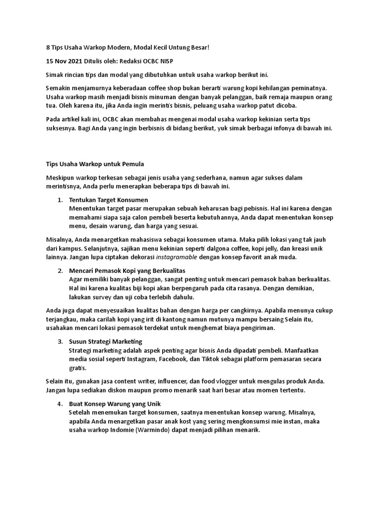 8 Tips Usaha Warkop Modern | PDF