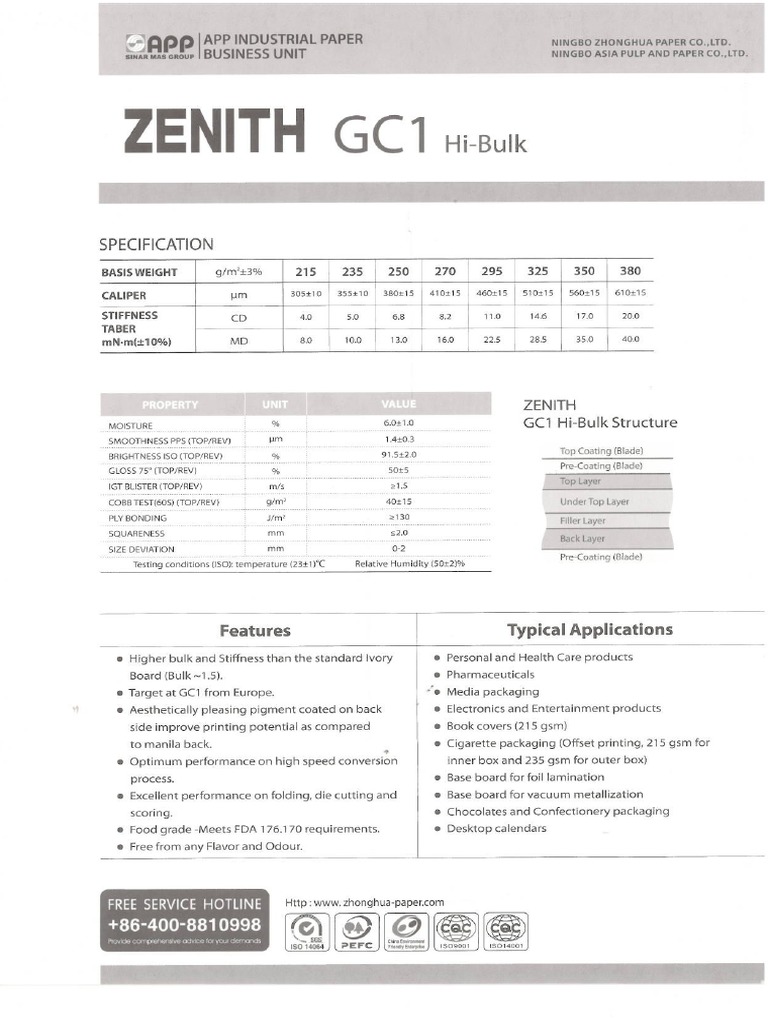 Cartulina APP Zenith-GC1 | PDF