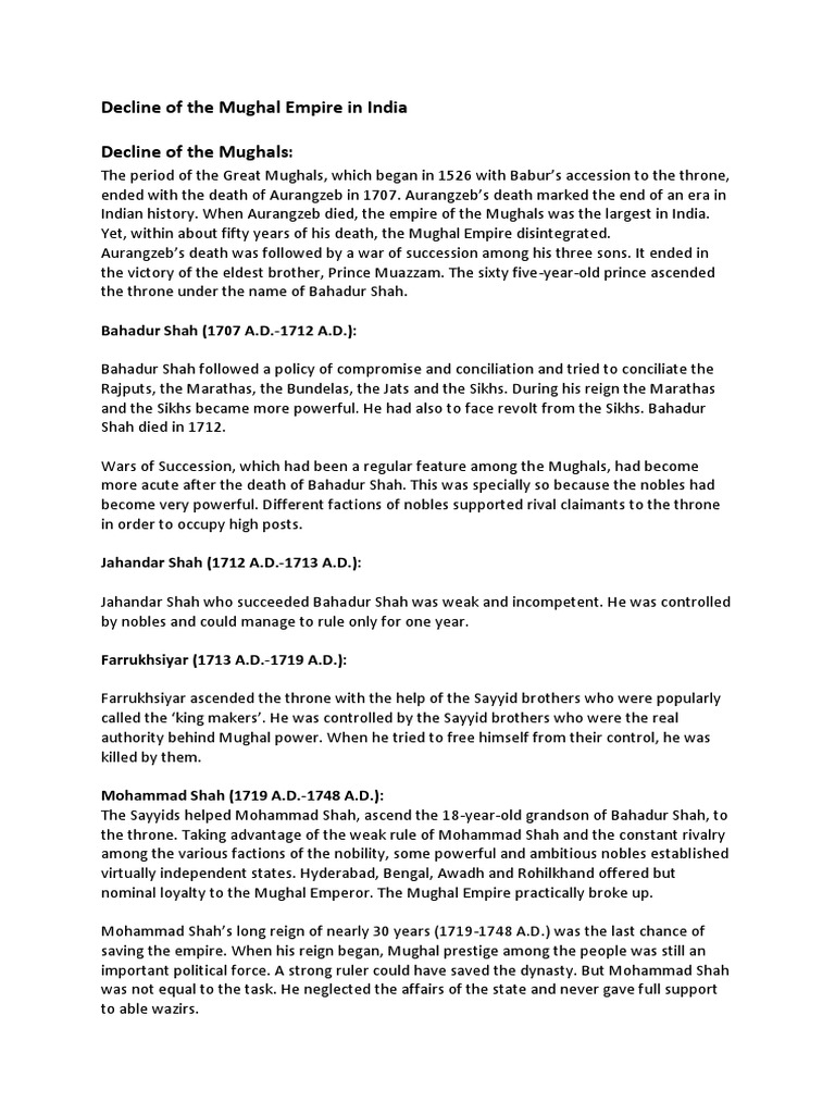 Causes of the Mughal Empire's Decline | PDF