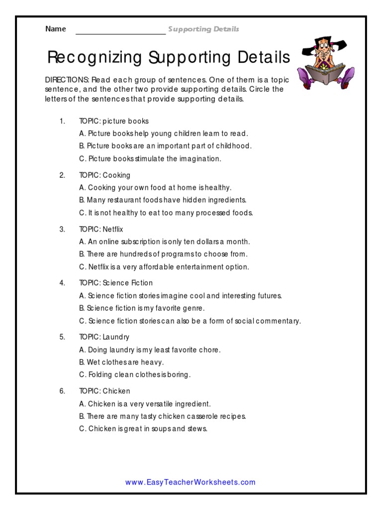 Recognizing Supporting Details: DIRECTIONS: Read Each Group of ...