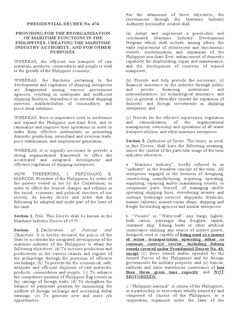 PD 474 | PDF | Philippines | Board Of Directors