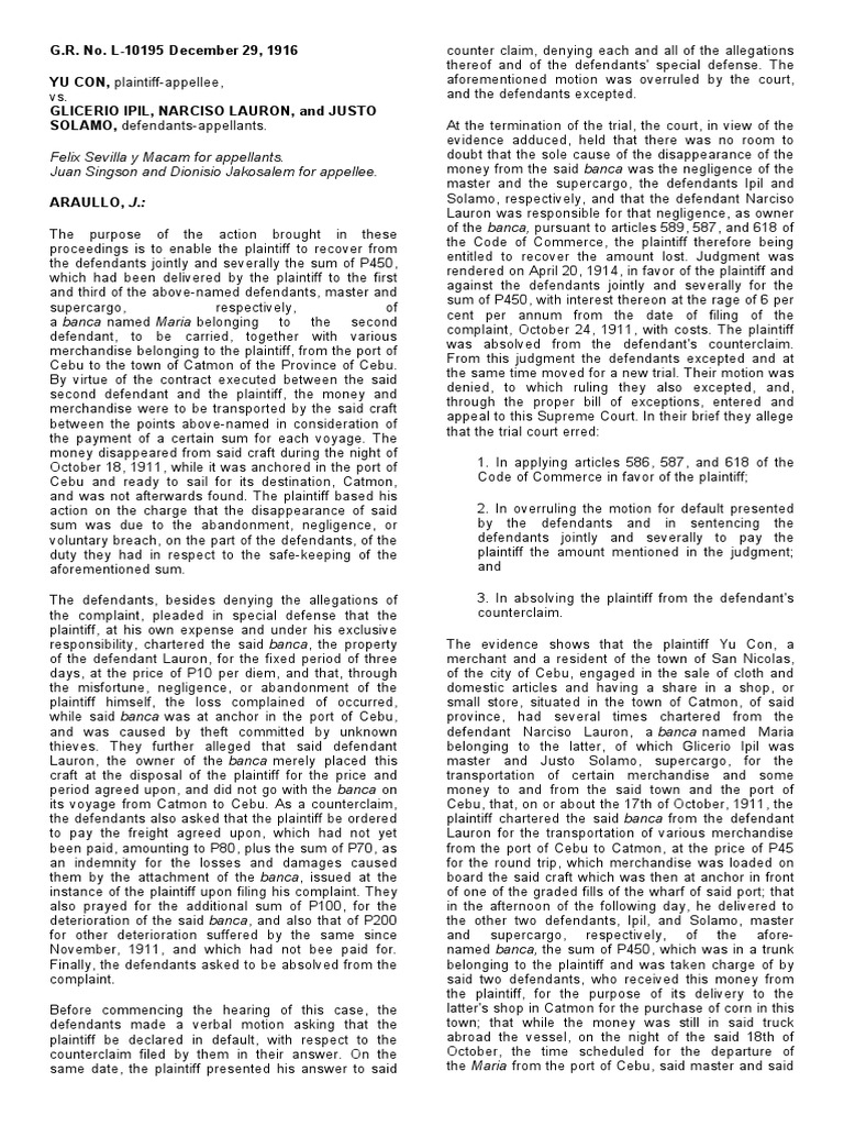 Yu Con v. Ipil, G.R. No. L-10195, December 29, 1916 | PDF