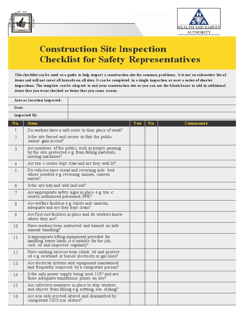 Construction Site Inspection Checklist For Safety Representatives 19 ...