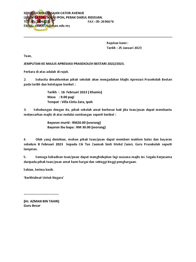 Surat Jemputan Majlis Apresiasi 2022:2023 | PDF