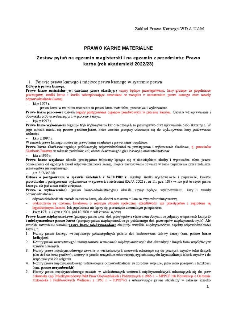 Zestaw Pytań Na Egzamin Magisterski i Na Egzamin z Przedmiotu Prawo Karne 2022 23 | PDF