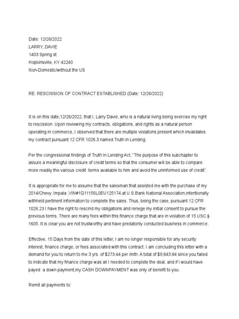 Rescind Auto Loan Contract Due to Truth in Lending Violations | PDF