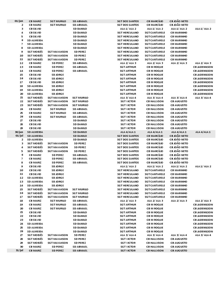 Military Roster Schedule June-July | PDF