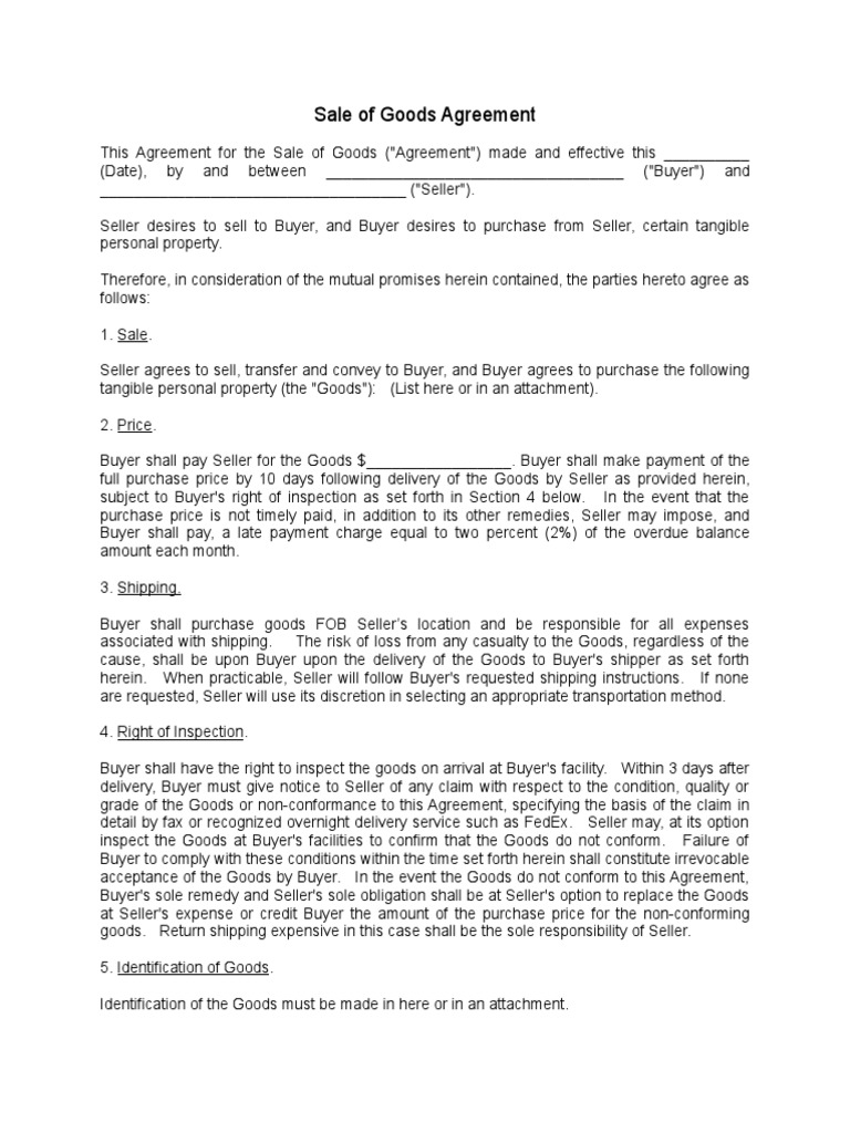Goods, Sale of Agreement | PDF