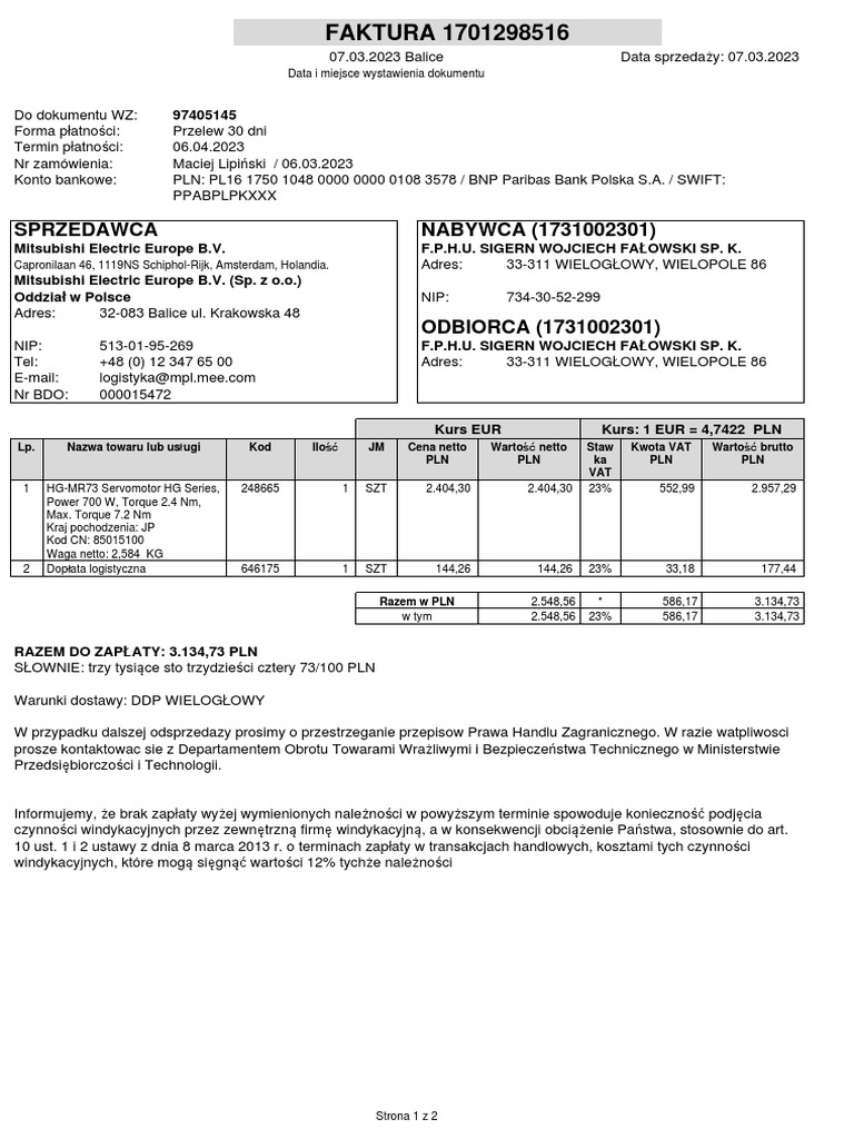 FAKTURA 1701298516: Sprzedawca NABYWCA (1731002301) | PDF