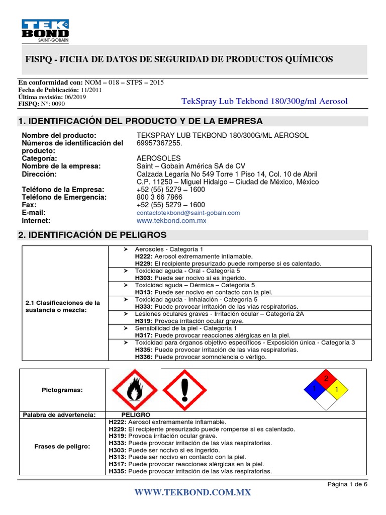 Fispq No0090 Tekspray Lub Rev 06 19 Ghs | PDF | Agua | Aerosol