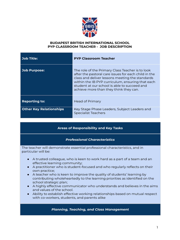 PYP Classroom Teacher - Job Description | PDF