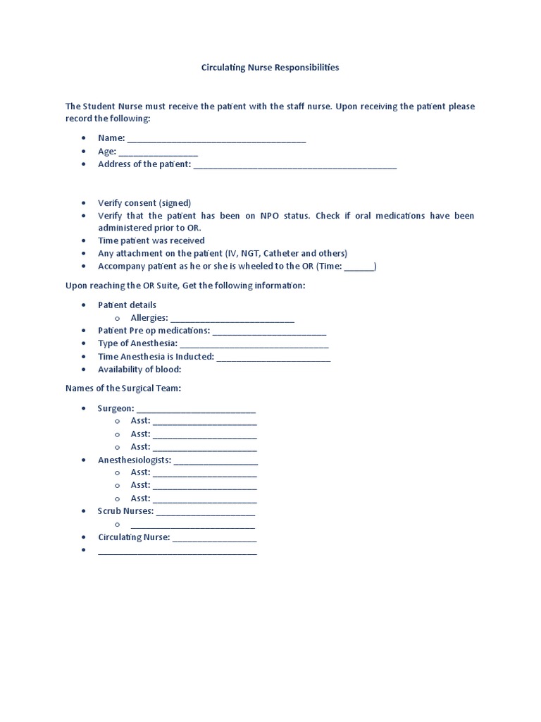 Circulating Nurse Duties in OR | PDF | Surgery | Anesthesia