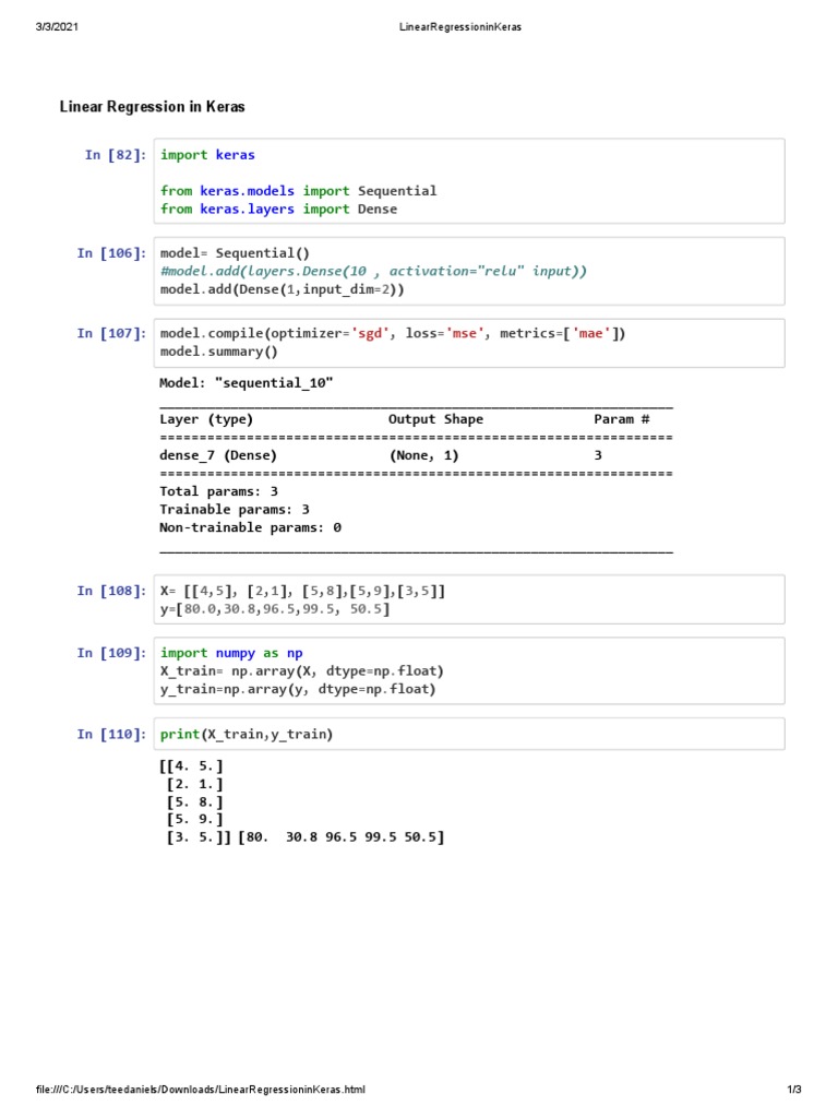 Linear Regression in Keras | PDF | Computer Programming | Cybernetics Linear Regression in Keras | PDF | Computer Programming | Cybernetics