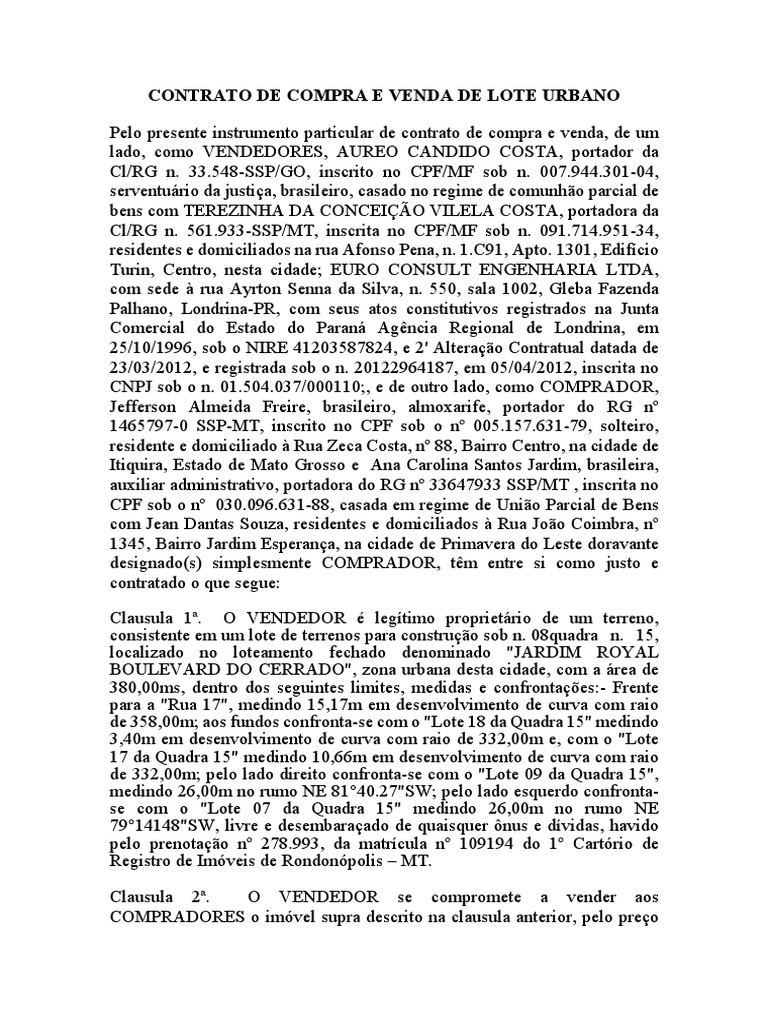 Contrato de Compra e Venda de Lote Urbano | PDF | Contrato legal | Lei ...