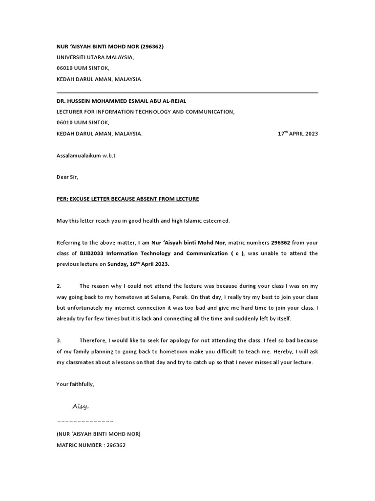 Formal Absence Letter to Lecturer | PDF