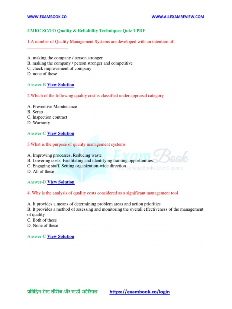 LMRC SC TO Quality & Reliability Techniques Quiz 1 PDFWW - EXAMBOOK.CO | PDF | Reliability ...