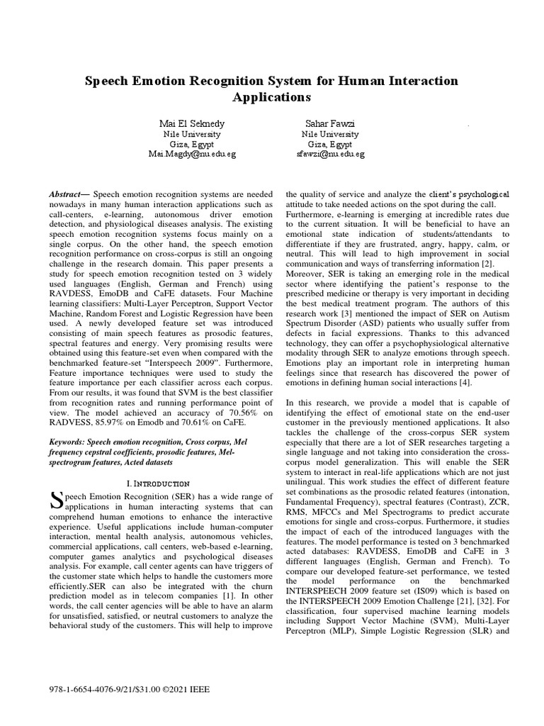 Speech Emotion Recognition System For Human Interaction Applications | PDF | Machine Learning ...