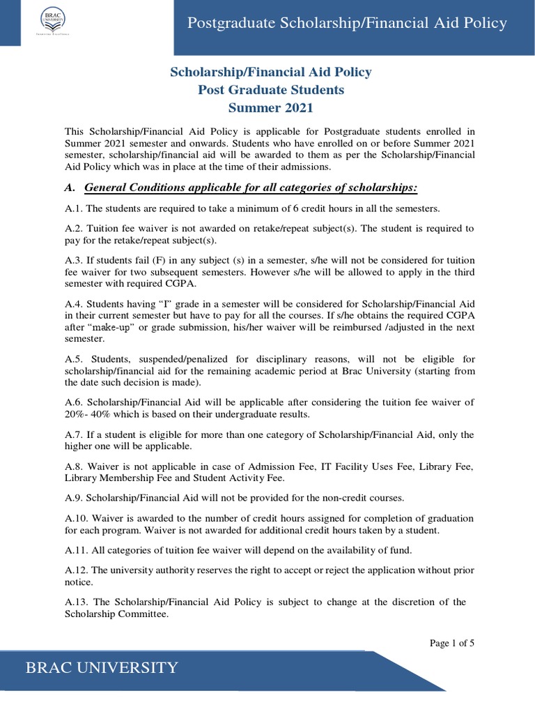 BracU Scholarship_Financial Aid Policy (Postgraduate)_08042021 | PDF ...