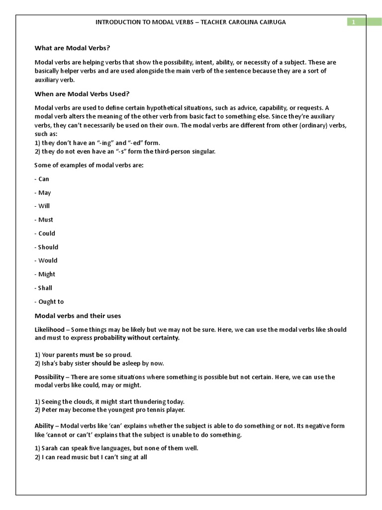 Introduction To Modal Verbs | PDF | Linguistics | Grammar