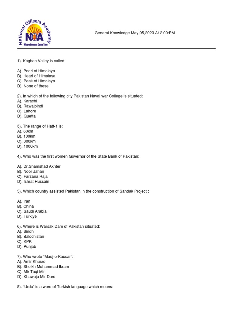 GK PMS Noa 2022.2023 | PDF | Hadith | Pakistan