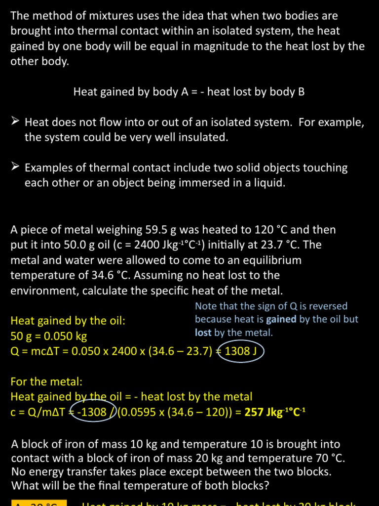 Method of Mixtures: Heat Transfer Calculations | PDF | Heat | Heat Capacity