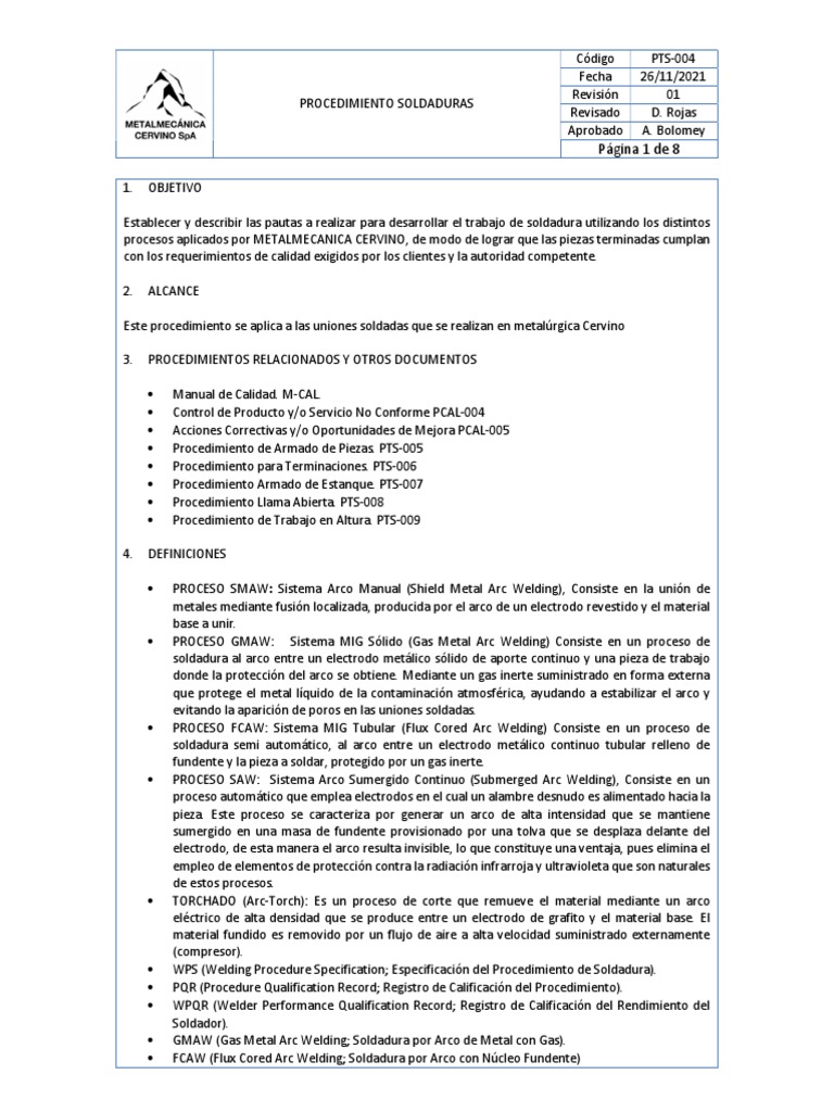 PTS-004 Procedimiento Soldaduras | PDF | Soldadura | Construcción
