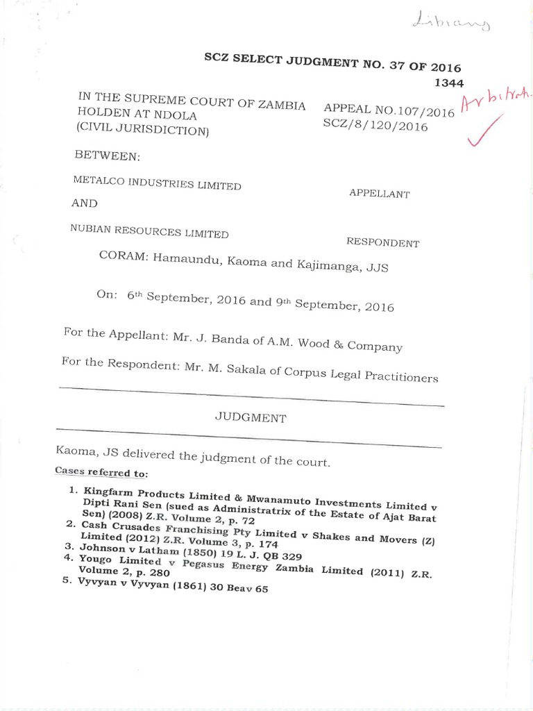 Metalco Industries LTD Vs Nubian Resources LTD, Selected SCZ Judgement ...