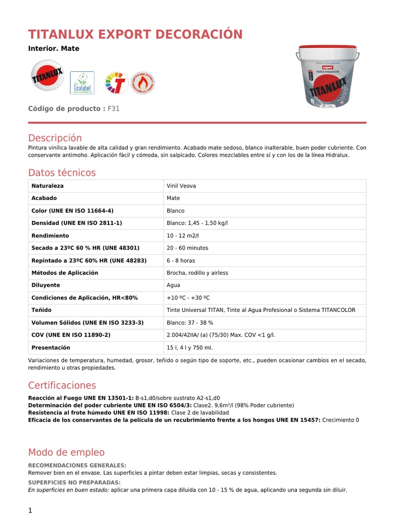 Ficha Técnica Titanlux Export Decoracion | PDF | Residuos | Agua