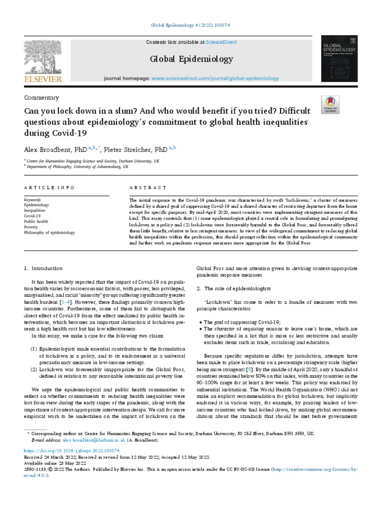 Global Epidemiology: Alex Broadbent, PHD, Pieter Streicher, PHD | PDF