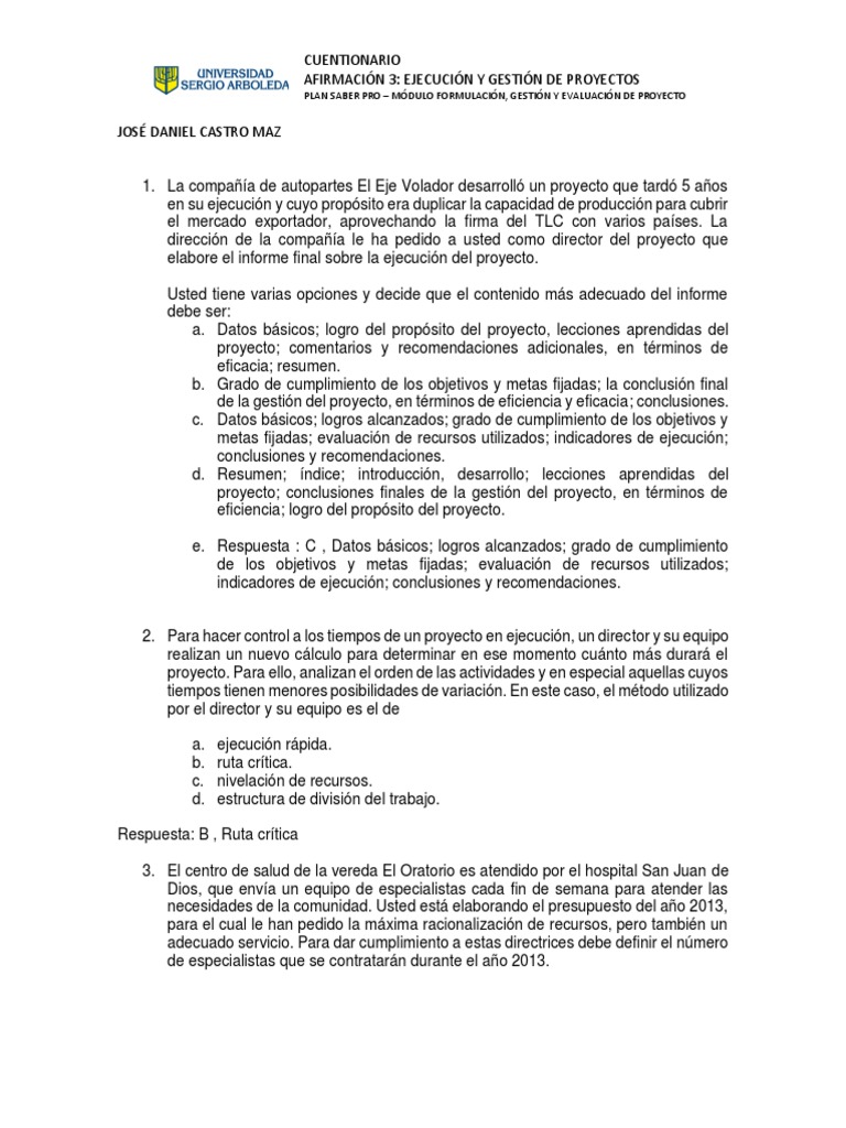 Cuestionario Ejecución y Gestión de Proyectos JOSE CASTRO | PDF ...