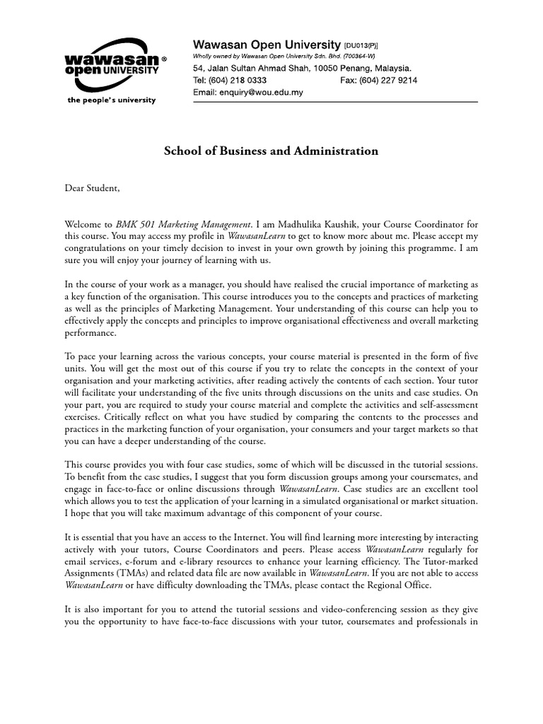 Marketing Management Welcome Letter | PDF