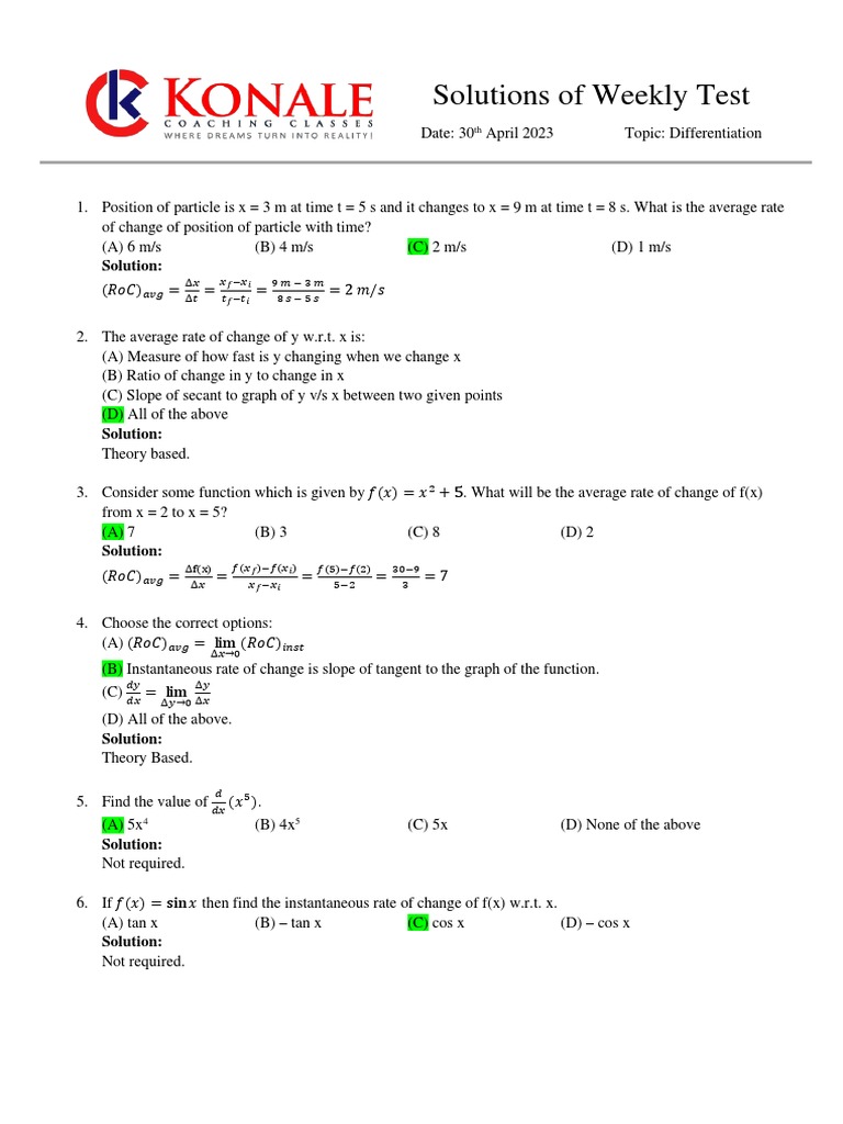 Test On Differentiation | PDF | Derivative | Slope