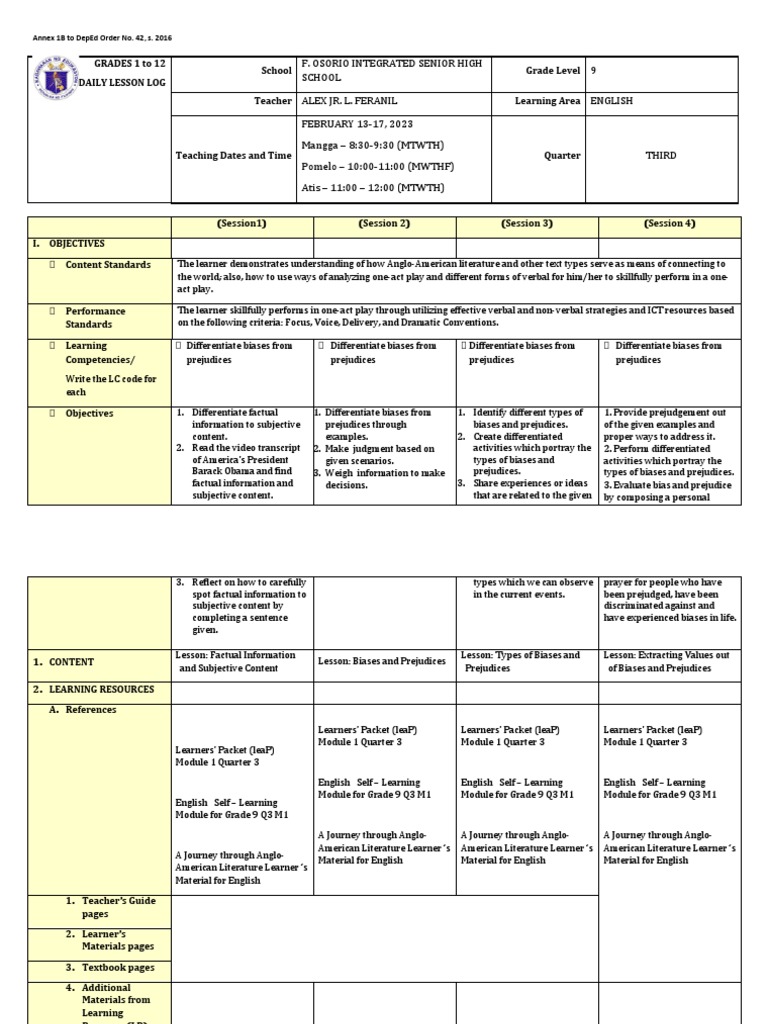 DepEd Order No. 42 Annex 1B Daily Lesson Log | PDF
