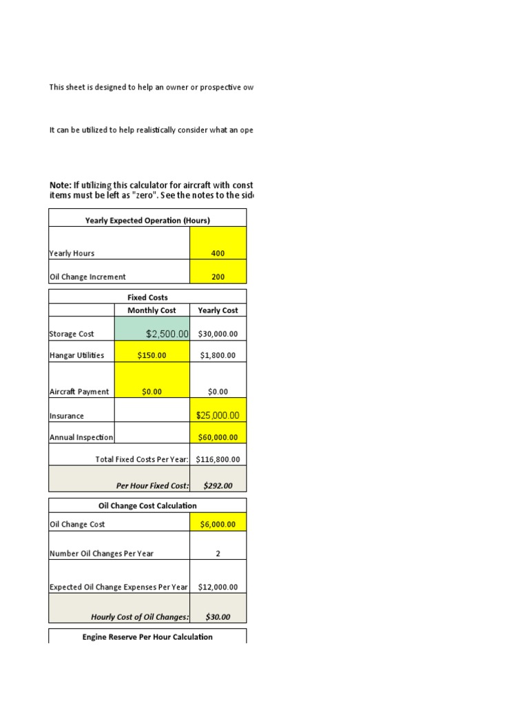Personal Aircraft Operating Cost Calculator | PDF | Aircraft | Prices