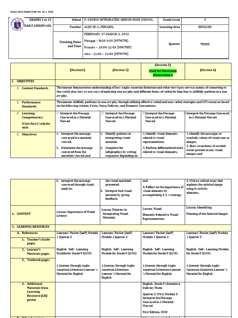 Daily Lesson Log for Grade 9 English | PDF | Information | Mass Media