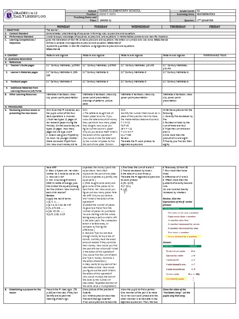 DLL - Mathematics 6 - Q3 - W5 | PDF | Numbers | Equations