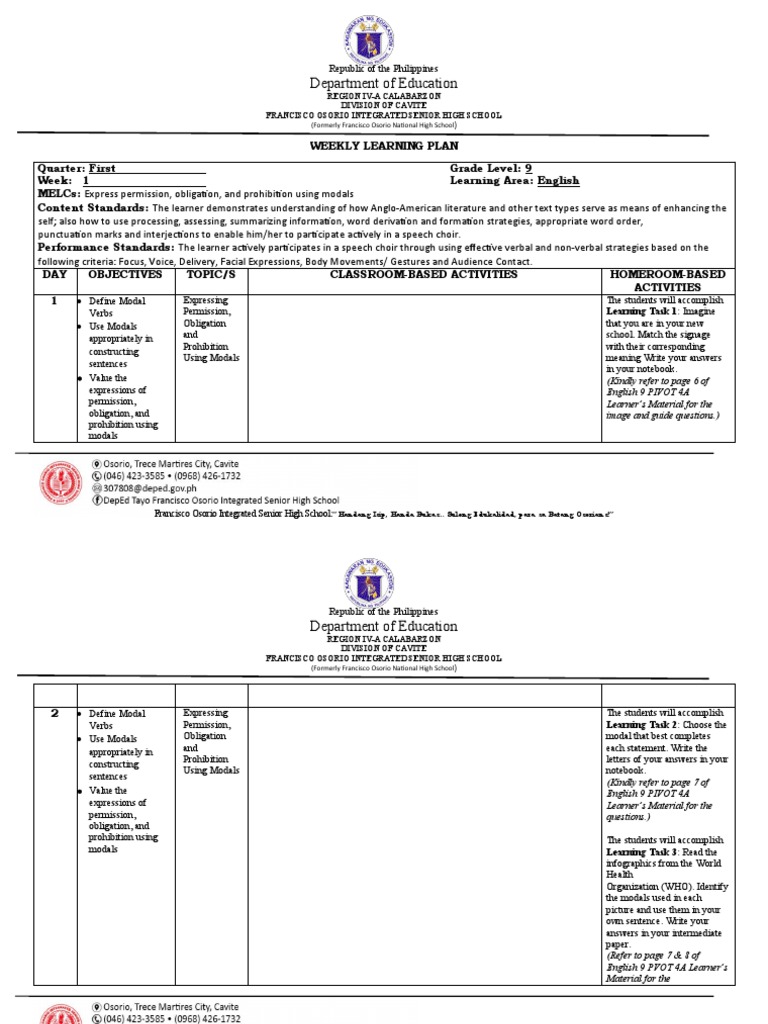 ENG 9 - WLP - Week 1 (Sept.5-9) | PDF | English Language | Learning