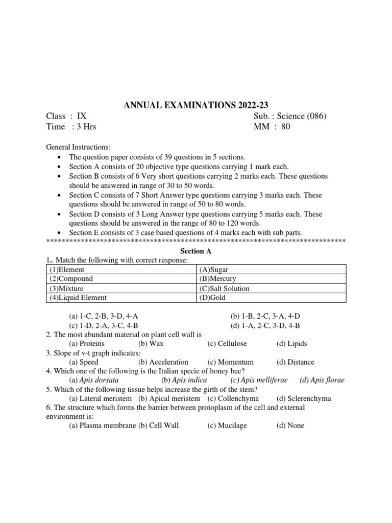 9th Class Science Annual Exam 2023 | PDF