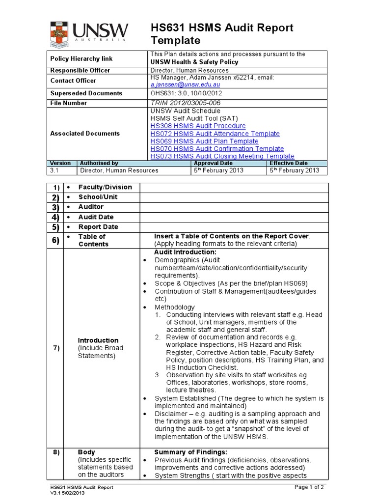 HS631 HSMS Audit Report Template | PDF | Audit | Auditor's Report