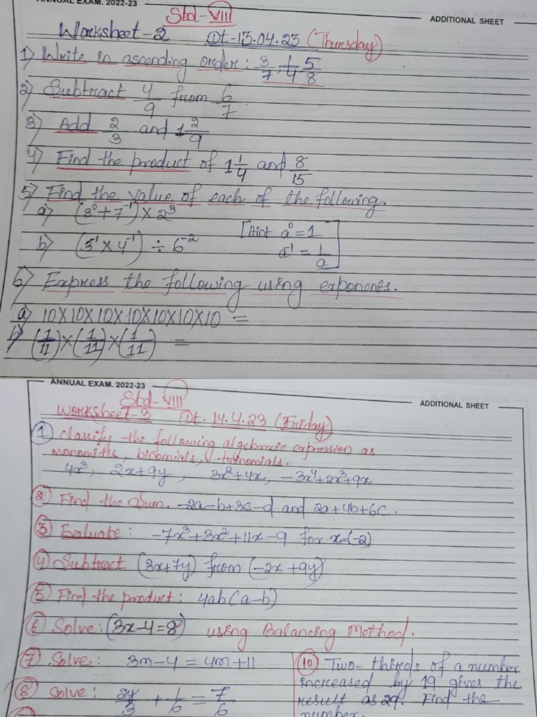 Maths Worksheet 2 &3 Class 8 | PDF