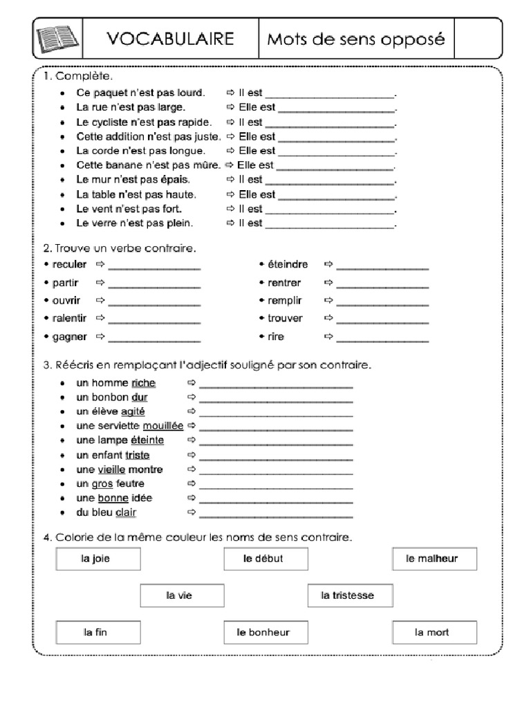 Fiche Exercices Les Contraires | PDF