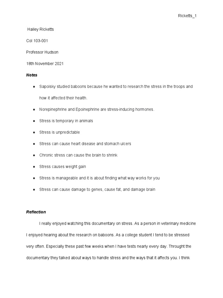 Stress - Portrait of A Killer Notes, Reflection, Guided Questions ...