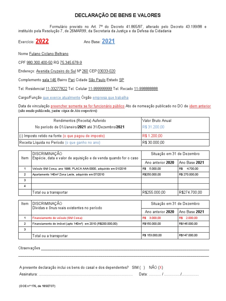 3.1 Modelo de Preenchimento 2022 2021 Declaracao de Bens e Valores | PDF | Economias